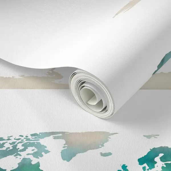 Spoonflower Watercolor World Map Earth Geography Maps Custom Pre-pasted Wallpaper - Gray,brown,mint