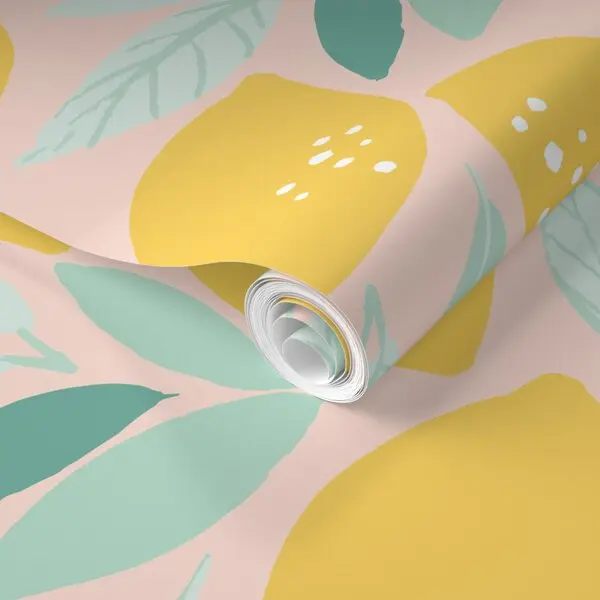 Spoonflower Indy Bloom Lemon Lemonade Stand Wall Covering Traditional Wallpaper - Yellow,gray,orange
