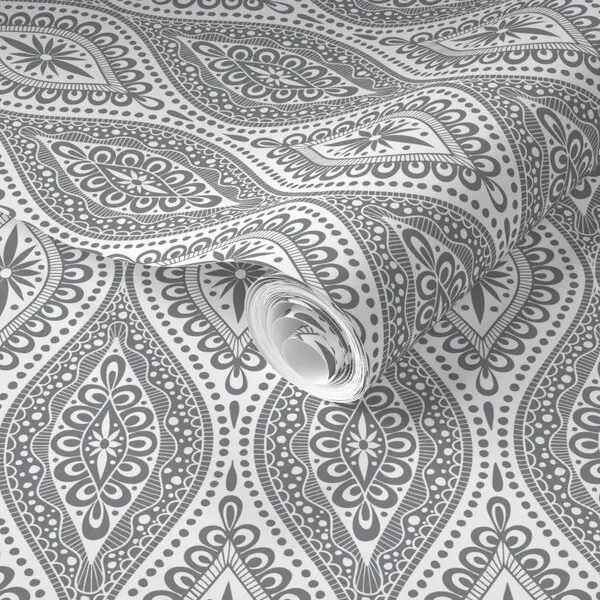 Spoonflower Gray White Scallop Folk Scallops Custom Pre-pasted Wallpaper