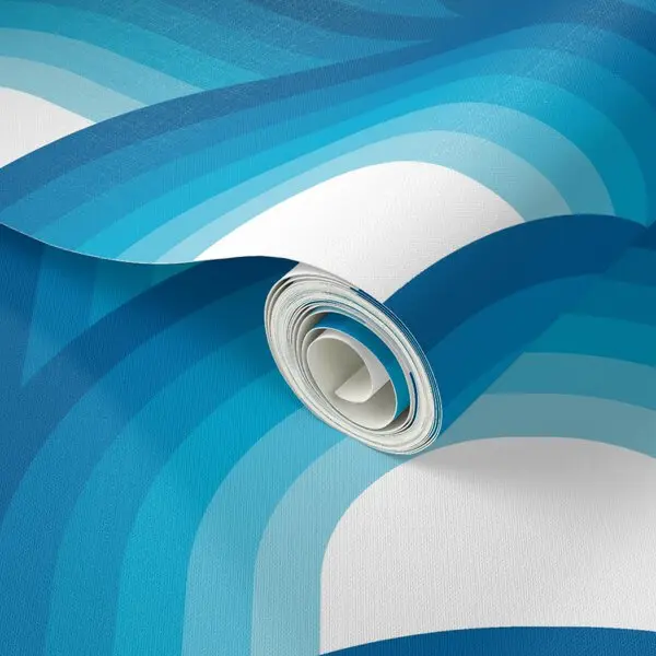 Spoonflower Ocean Blue Stripes Beach Retro Waves 1970s Custom Removable Wallpaper - Blue,white