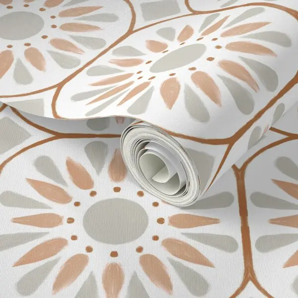 Spoonflower Neutral Tile Star Floral Geometric Gray Kitchen Custom Pre-pasted Wallpaper - Beige,gray