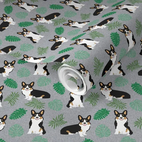 Spoonflower Tricolored Corgi Corgis Welsh Monstera Traditional Wallpaper - Mint,green,white