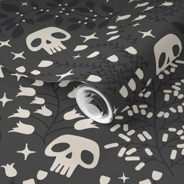 Spoonflower Halloween Skulls Black White Flowers Stars Floral Custom Pre-pasted Wallpaper - Gray,black,white