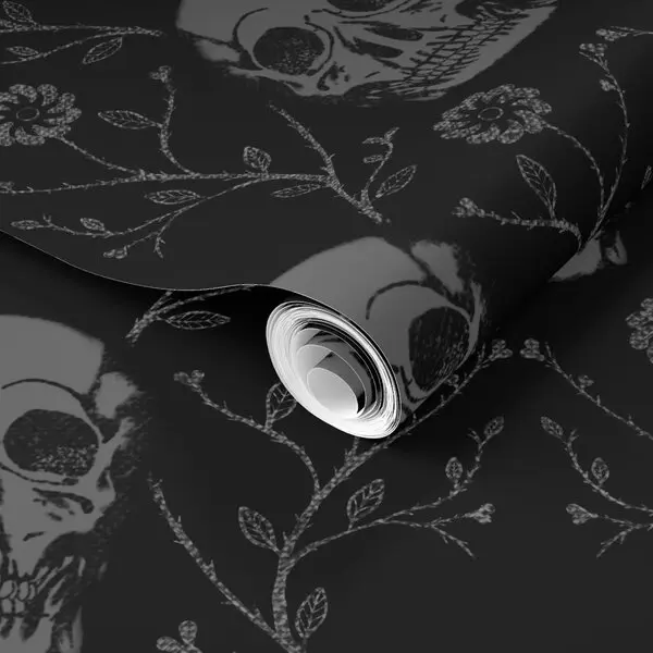 Spoonflower Vintage Skull Damask Black Grey Spooky Bone Zombie Custom Pre-pasted Wallpaper