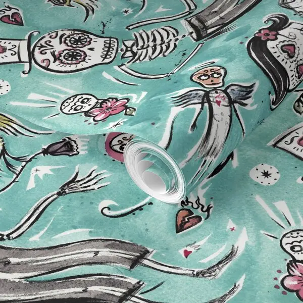 Spoonflower Skeleton Dance Skeletons Calavera Sugar Skull Day Custom Removable Wallpaper - Teal,gray,brown