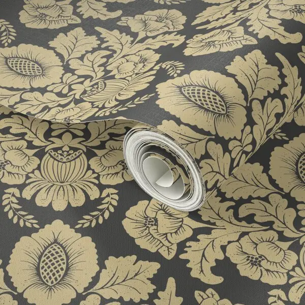 Spoonflower Damask Cream Grey Large Black Red Floral Victorian Custom Pre-pasted Wallpaper