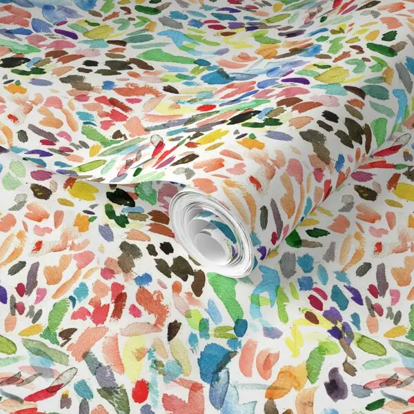 Spoonflower Small Rainbow Colorful Happy Party Birthday Custom Pre-pasted Wallpaper - Blue,yellow,gray
