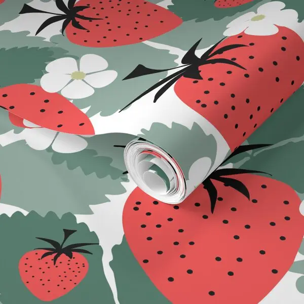 Spoonflower Strawberry Forever Leaves Food Strawberries Red Custom Removable Wallpaper