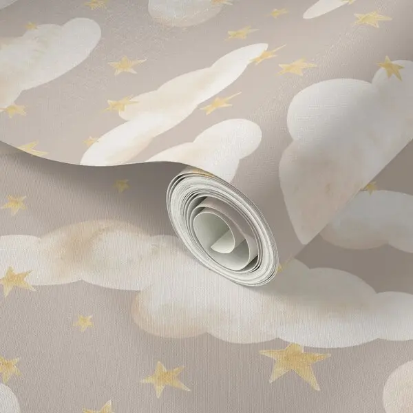Spoonflower Clouds Stars Beige Gender Neutral Night Moon Space Custom Pre-pasted Wallpaper - Beige,yellow