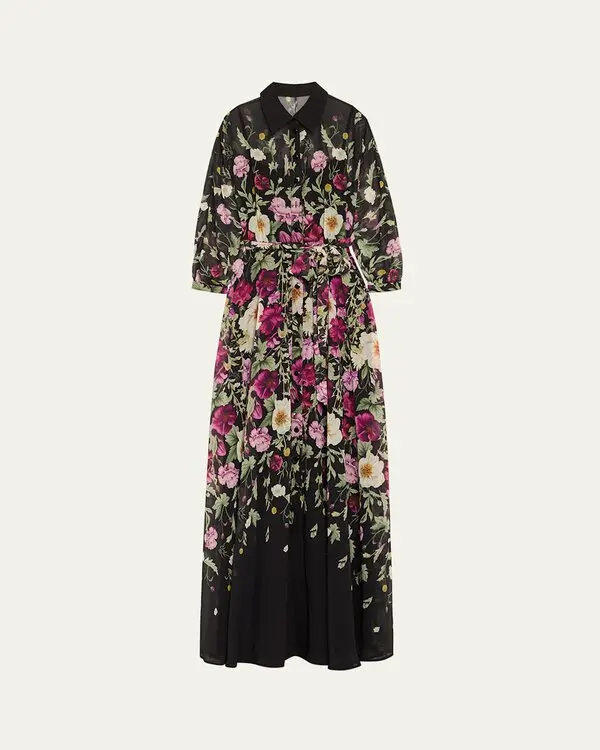 Rickie Freeman For Teri Jon Floral-print Chiffon Shirt Gown - Black Mult