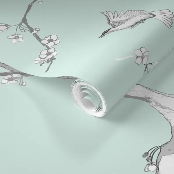Spoonflower Modern Cherry Blossoms Mint Chinoiserie Tree Bird Custom Pre-pasted Wallpaper - Green,white,mint
