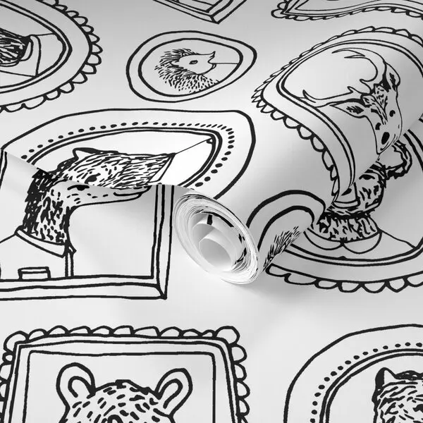 Spoonflower Animal Portraits Black White Large Woodland Fox Traditional Wallpaper - Black,white,gray