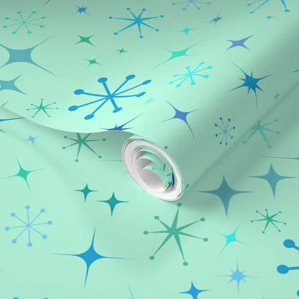 Spoonflower Blue Stars Retro Snowflake Mint Kitsch Decor Custom Pre-pasted Wallpaper - Mint,blue,green