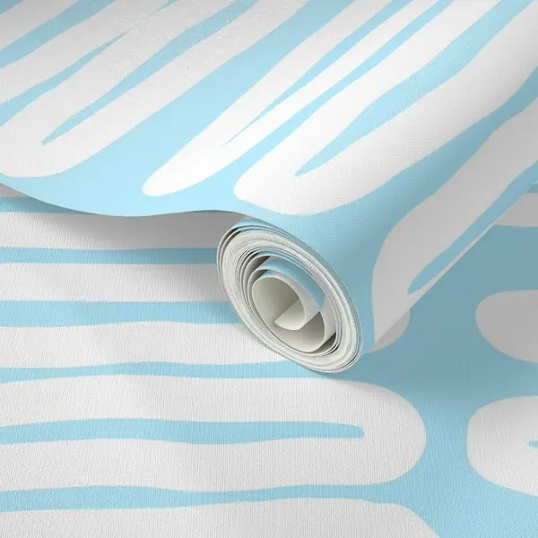 Spoonflower Abstract Blue Squiggles Lines Stripes Aqua White Custom Pre-pasted Wallpaper