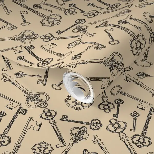 Spoonflower Vintage Retro Keys Victorian Old Castle Estate Custom Pre-pasted Wallpaper - Beige,brown