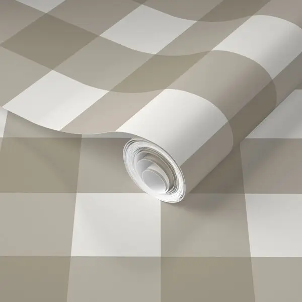 Spoonflower Greige Buffalo Check Mushroom Gingham French Custom Pre-pasted Wallpaper - Gray,white