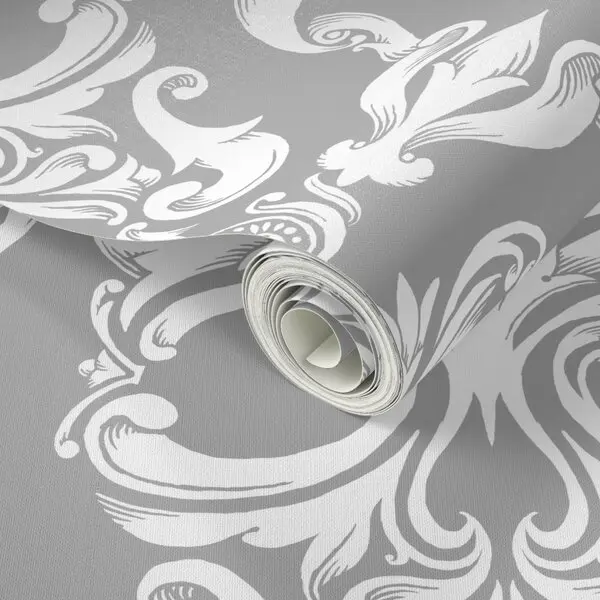 Spoonflower Skulls Gray Halloween Skull Victorian Damask Custom Removable Wallpaper - Gray,white
