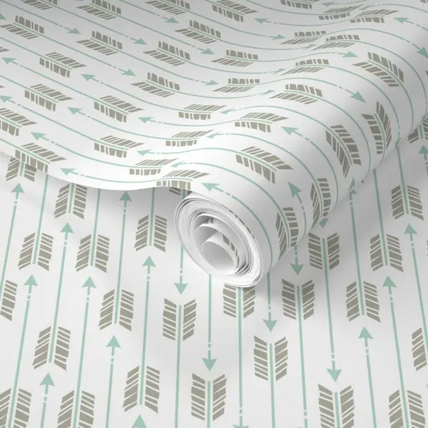 Spoonflower Nursery Arrows Tribal Camping Custom Removable Wallpaper - Gray,green