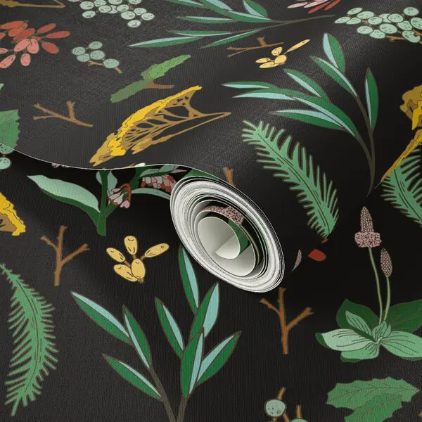 Spoonflower Study Dark Herb Flowers Floral Botanical Custom Removable Wallpaper - Green,brown