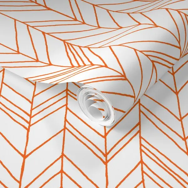 Spoonflower Orange Chevron White Feathers Illustrated Line Custom Pre-pasted Wallpaper - White,orange,gray