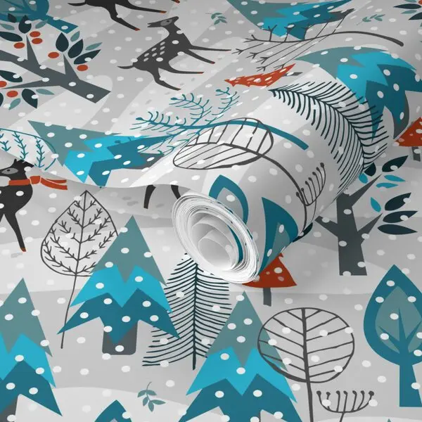 Spoonflower Blue Winter Snow Woodland Animals Forest Trees Custom Removable Wallpaper - Blue,gray,green