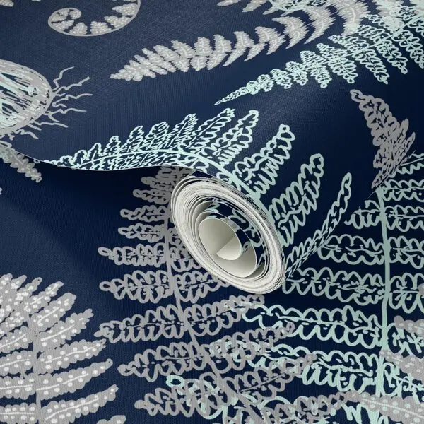 Spoonflower Modern Fern Tropical Leafy Rainforest Mint And Custom Pre-pasted Wallpaper - Navy,blue