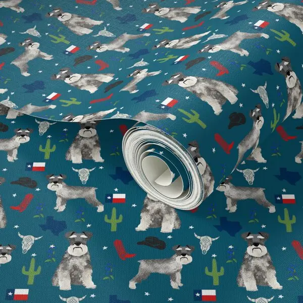 Spoonflower Dog Dogs Western Cowboy Texas Schnauzer Custom Pre-pasted Wallpaper - Blue,gray