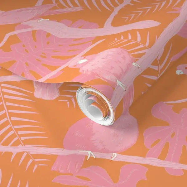 Spoonflower Bird Pink Orange Jungle Tropics Parrot Zoo Custom Pre-pasted Wallpaper - Coral,red,brown
