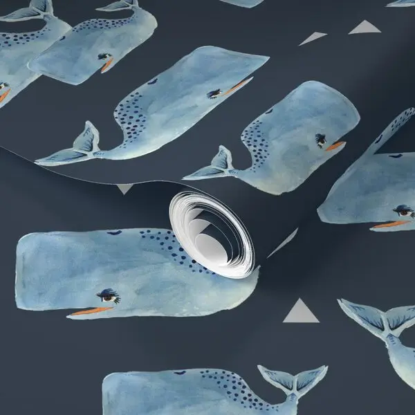 Spoonflower Whales Triangles Ocean Swim Whale Blue Traditional Wallpaper - Navy,blue
