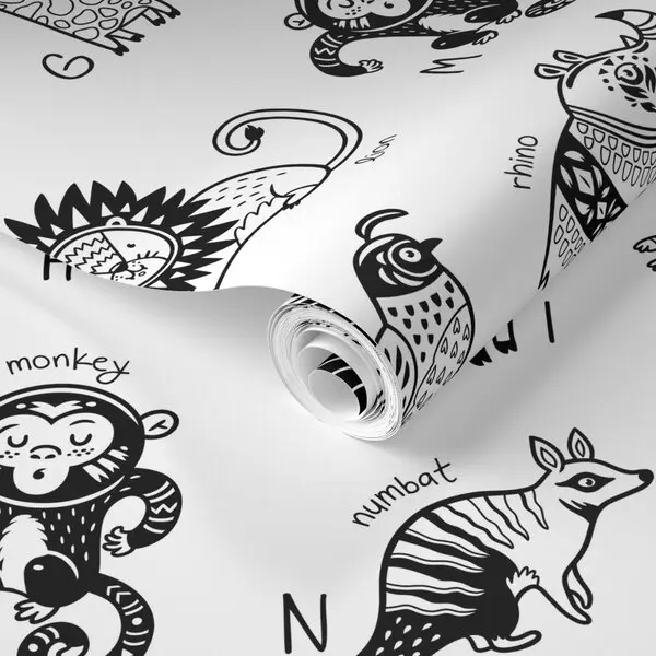Spoonflower Alphabet Zoo Animals Black And White Coloring Custom Removable Wallpaper - Black,white,gray