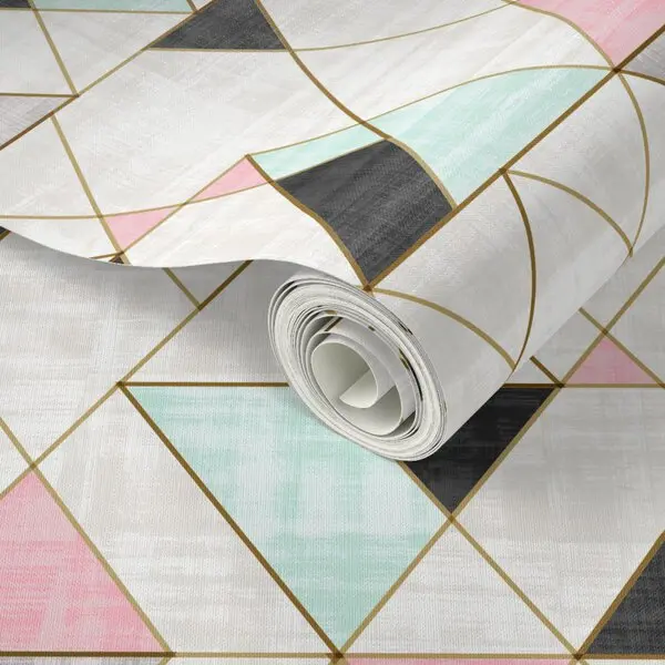 Spoonflower Geometric Triangles Geo Mod Traditional Wallpaper - Green,gray