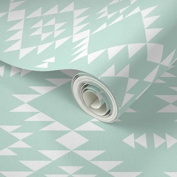 Spoonflower Mint White Boho Triangles Geometric American Kilim Custom Pre-pasted Wallpaper - Mint,gray,green