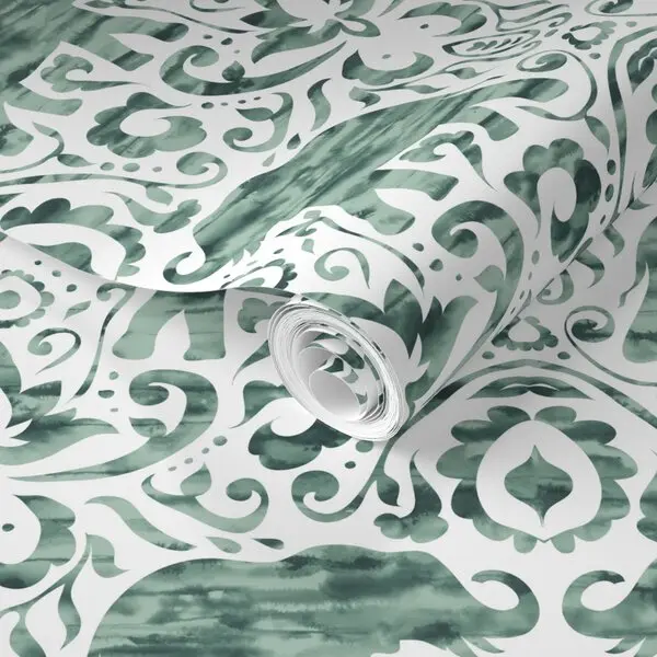 Spoonflower Paisley Damask Watercolor Elephant Indian Ethnic Traditional Wallpaper - Mint,green,gray