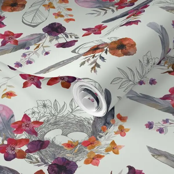 Spoonflower Feathered Gray Feather Bohemian Floral Poppy Bird Custom Removable Wallpaper - Gray,red,brown