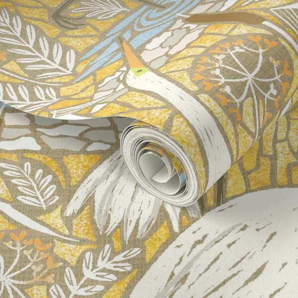 Spoonflower Yellow Watching Cranes Coastal Mosaic Stained Custom Pre-pasted Wallpaper - Yellow,blue,cream