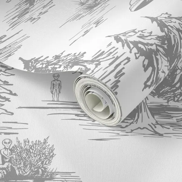 Spoonflower Ufo Space Aliens Whimsical Toile Traditional Gray Custom Pre-pasted Wallpaper