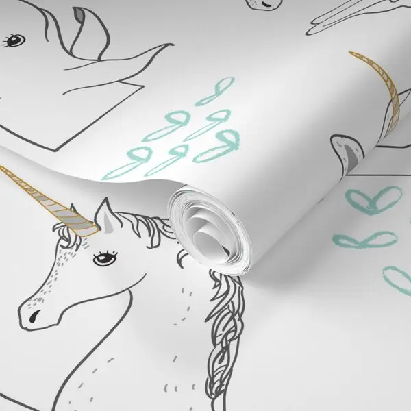 Spoonflower White Unicorn Narwhal Rabbit Black Whimsical Custom Removable Wallpaper