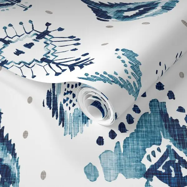 Spoonflower Indigo Ikat Tribal Southwestern Bohemian Feather Custom Removable Wallpaper - Beige,blue,gray