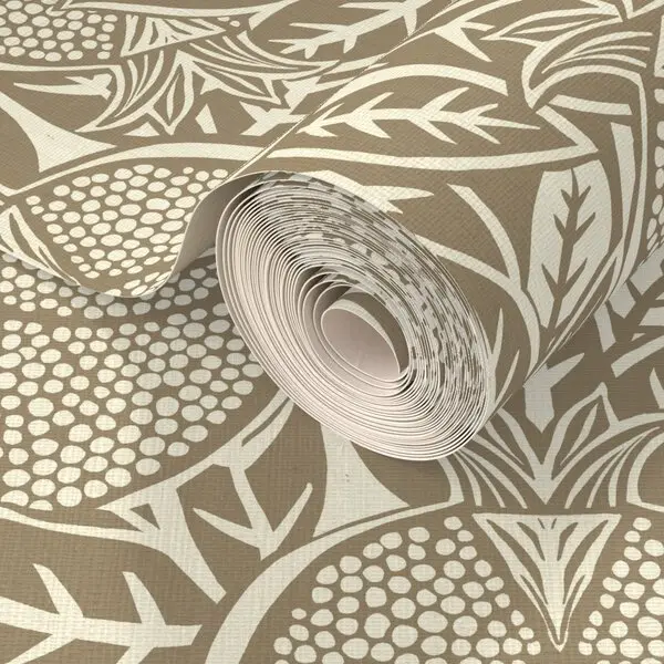 Spoonflower Block Print Neutral Taupe Leaves Brown Fruit Home Custom Pre-pasted Wallpaper - Brown,beige