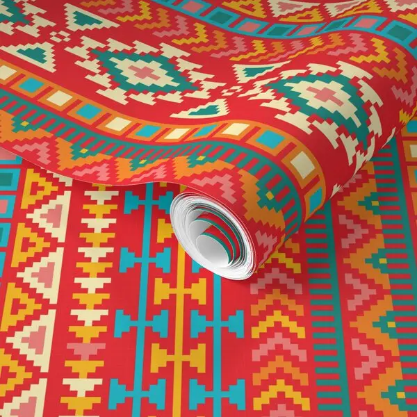 Spoonflower Red Boho American Mexican Southwestern Pattern Custom Pre-pasted Wallpaper