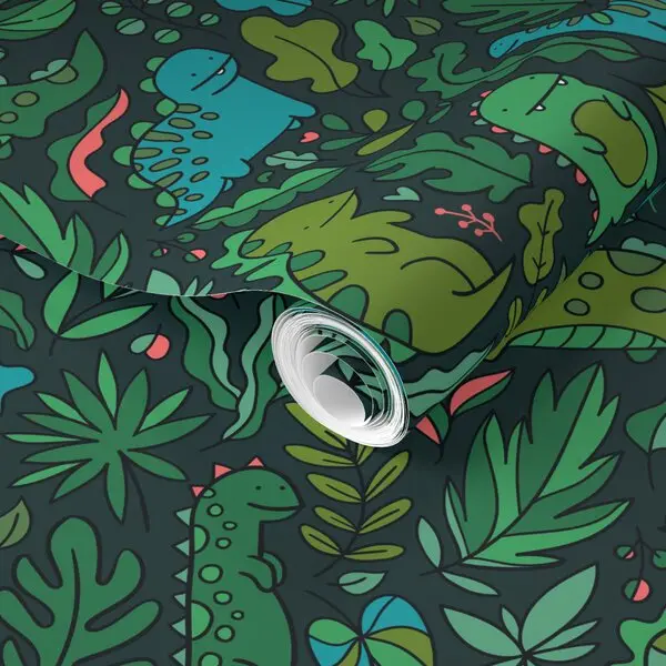 Spoonflower Green Wild Animals Tropic Dinosaurs Dinosaur T Rex Custom Pre-pasted Wallpaper - Green,blue