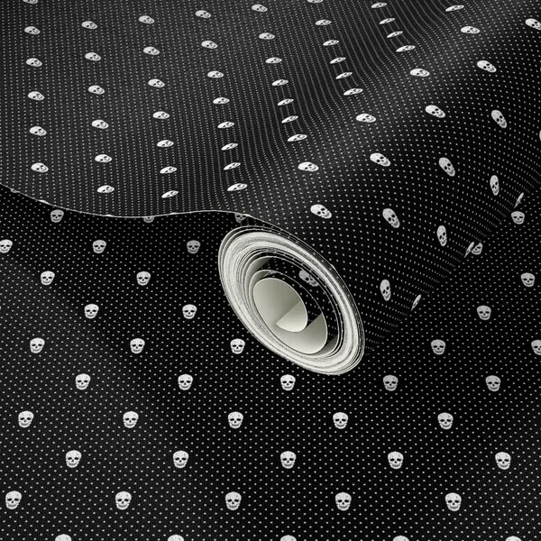 Spoonflower Black Skull Polka Dot Dots Sherlock Moriarty Custom Pre-pasted Wallpaper - Black,white,gray