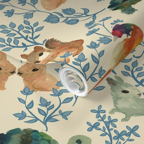 Spoonflower Vintage Squirrel Deer Forest Animals Custom Pre-pasted Wallpaper - Gray,green,brown