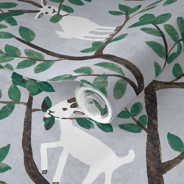 Spoonflower Trees Sheep Foliage Farm Colored Pencil Gouache Custom Pre-pasted Wallpaper - Gray,green