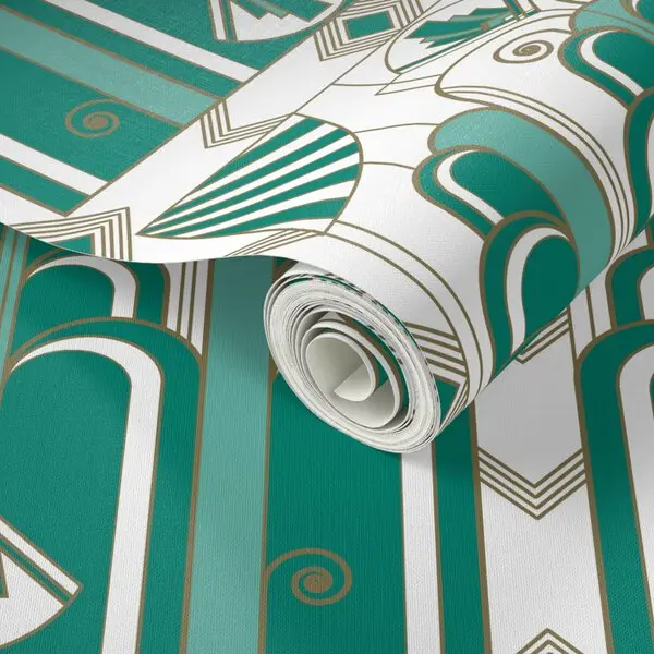 Spoonflower Green Gold Geometric Custom Pre-pasted Wallpaper - Gray,turquoise,teal