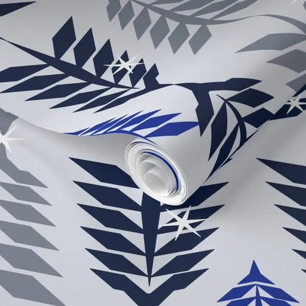 Spoonflower Platinum Wintery Grey And Blue Evergreen Trees Custom Pre-pasted Wallpaper