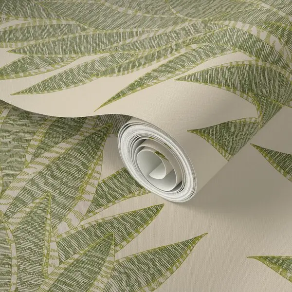 Spoonflower Tropical Stripe Olive Green Succulent Neutral Custom Pre-pasted Wallpaper