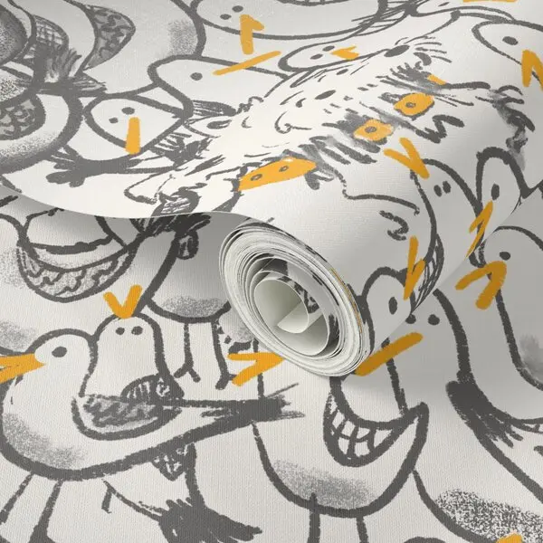 Spoonflower Whimsical Seagulls Dog Puppy Gray White Yellow Custom Pre-pasted Wallpaper - Yellow,white