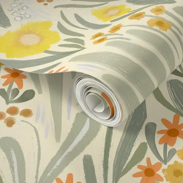 Spoonflower Art Nouveau Flora Sage Green Yellow Abstract Custom Removable Wallpaper - Sage,green