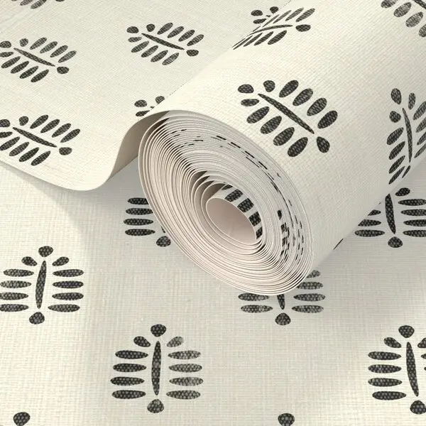Spoonflower Block Fern In Charcoal 100% Natural Sisal Grasscloth Wallcovering